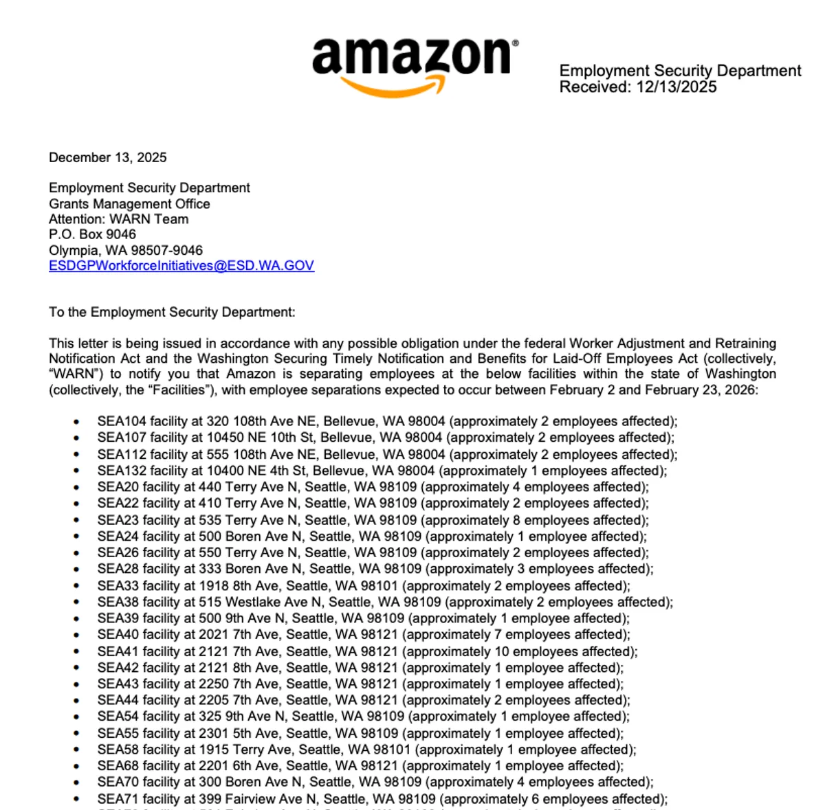 WARN notice filed. Amazon January layoffs just got real | Layoffs - Blind