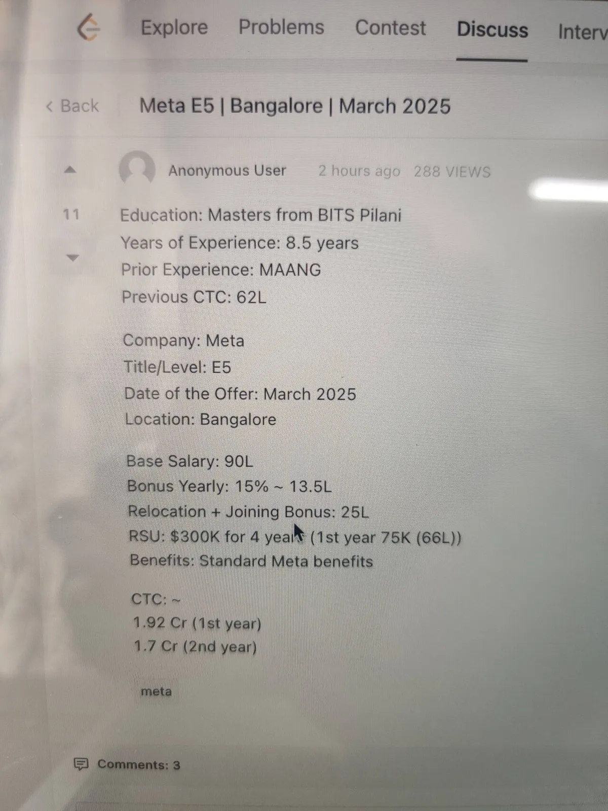 Meta india bangalore offer | India - Blind