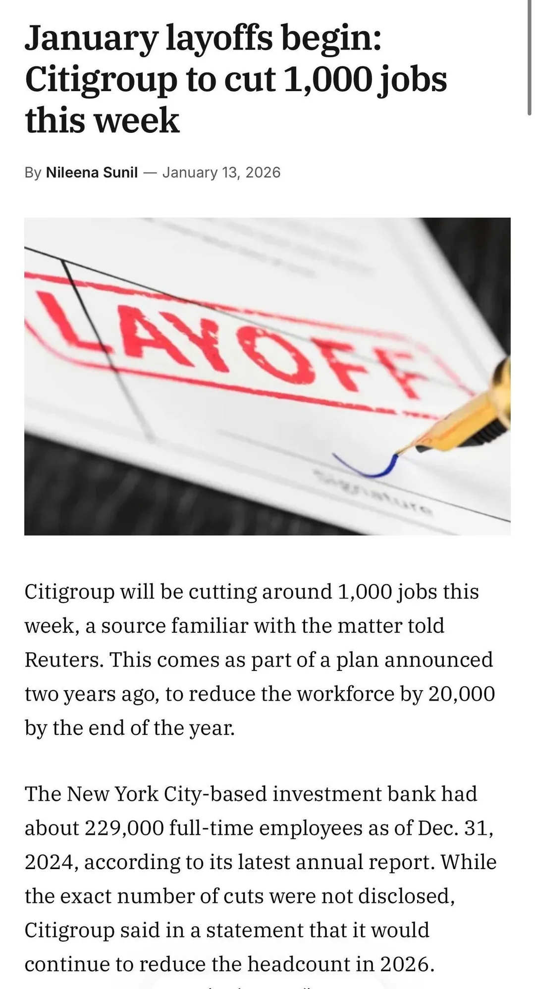 1000 laid off at citi; still has 230k FTEs | Layoffs - Blind
